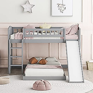 Tidyard Twin Over Twin Bunk Bed with Slide and Ladder, Wood Bed Gray for Bedroom Dorm Guest Room Home Furniture
