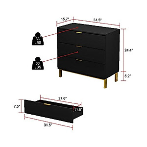 DiDuGo Black and Gold Nightstands Set of 2 Bedside Table 3 Drawer Dresser, Large Nightstand with Gold Metal Legs for Bedroom (31.5”w x 15.7”D x 29.7”H)