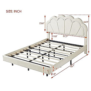 Full Size Upholstered Smart LED Bed with Elegant Flowers Headboard, Floating Velvet Upholstered Bed with Wooden Slats Support, Upholstered Smart LED Bed Frame for Kids Teens Boys Girls (Beige-ZC8S)