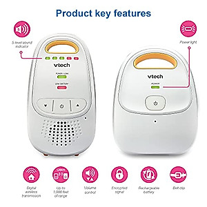 VTech DM111 Upgraded Audio Baby Monitor. 1 Parent Unit with Rechargeable Battery, Best-in-Class Long Range, Digital Wireless Transmission, Crystal-Clear Sound, Plug & Play, Sound Indicator & Alerts