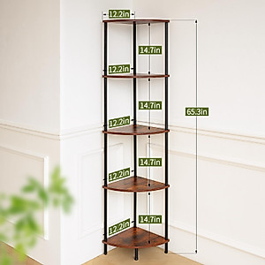 Yoobure Corner Shelf Stand, 5-Tier Corner Bookshelf, Tall Corner Shelves for Bedroom, Living Room, Narrow Display Shelf Corner Bookcase, 65" Rustic Corner Book Shelf with Display Shelves for Office