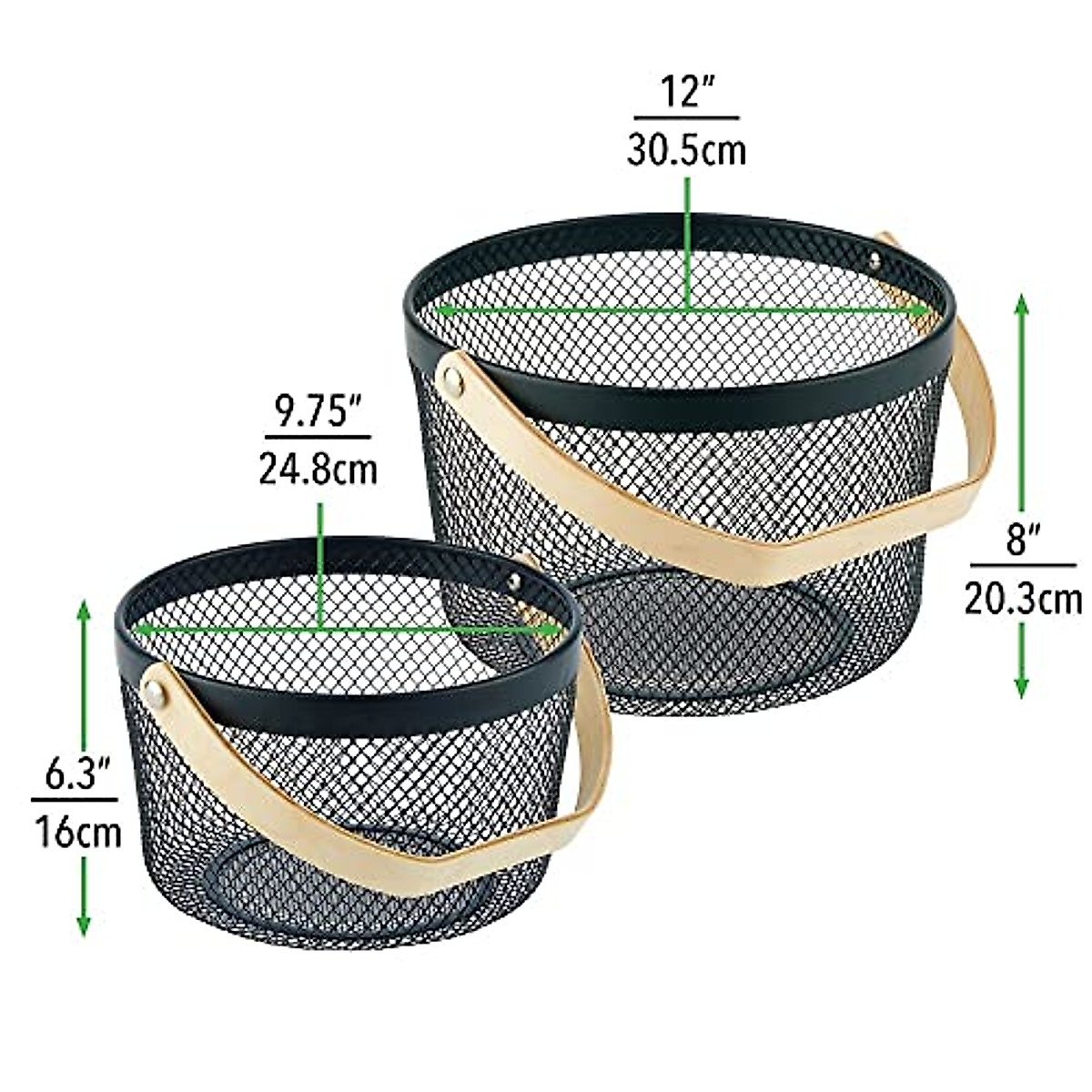 mDesign Farmhouse Metal Storage Organizer Basket Bin with Wood Handles - for Bathroom, Office, Entryway, Closet, Cabinet, Bedroom, Laundry Room, Nursery, Kids Toy Room, Set of 2 - Black