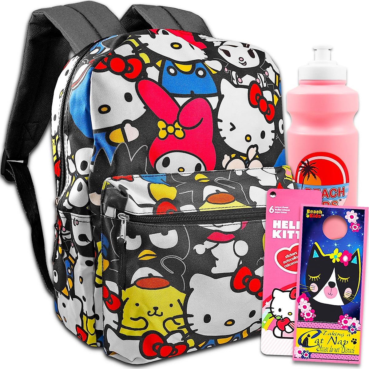 Hello Kitty and Friends Backpack for School - Bundle with 16” Hello Kitty School Backpack with Front Pocket Plus Hello Kitty Stickers, Water Bottle, More | Hello Kitty and Friends Backpack for Girls