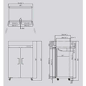 Lucky Kitchen Supply 52" Double 2 Door Side By Side Stainless Steel Reach in Commercial Refrigerator, 49 Cubic Feet, for Restaurant