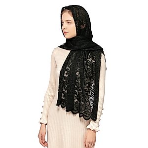 Wgior Rectangular Chapel Veil Scarf Catholic Church Veils Mantilla Wrap Shawl Mass Head Covering (Black)