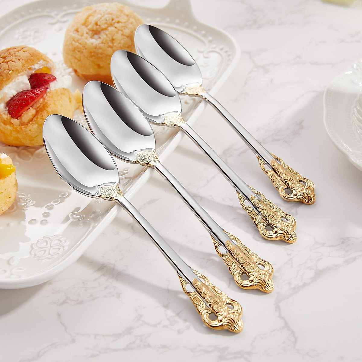KEAWELL Luxury 6.3" Teaspoons, 18/10 Stainless Steel, Gorgeous Small Spoons, Stirring, Mixing, Sugar, Cake, Dessert Spoons, Mini Antipasto spoons (Gold Accent)