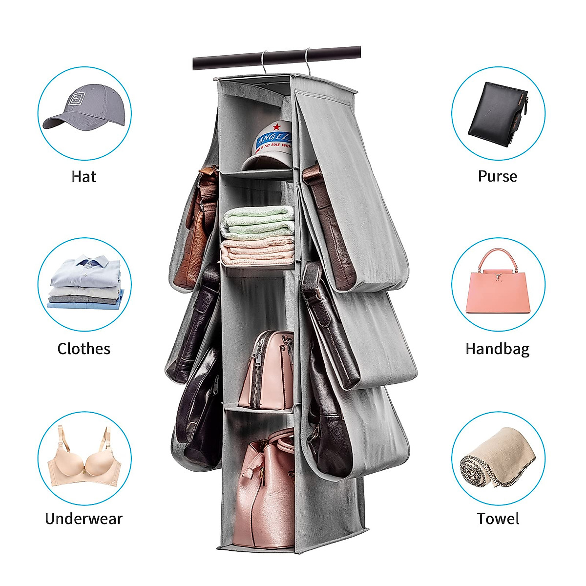 REGELETO Purse Organizer for Closet with 10 Pockets, Breathable Handbag Organizer Storage for Handbags Purses, Clothes and Other Accessories (Grey)