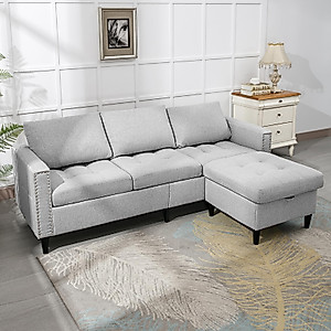 BALUS 77" Reversible Sectional Couch Set L Shaped Modular Linen Sofa with Reversible Storage Ottoman Chaise Modern Sofa Couches for Living Room Apartment Office - Light Grey