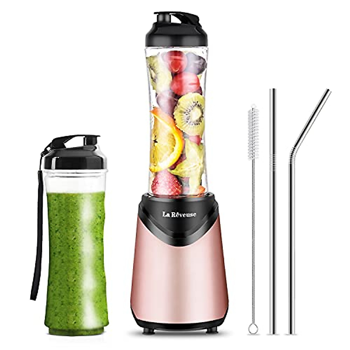 La Reveuse Smoothie Blender Personal Size 300 Watts with 2 Pieces 18 oz BPA-free Travel Sports Bottles,Grey (Pink)