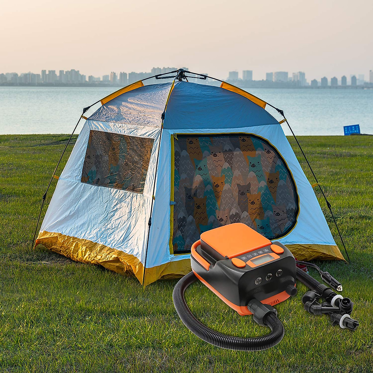 Tuomico Rechargeable LCD Electric Air Pump with 2 USB Ports, Max 16PSI SUP Pump with 6 Nozzles & 3 LED Lights for Boats, Stand Up Paddle Board, Dual Stage Inflation & Auto-Off Feature