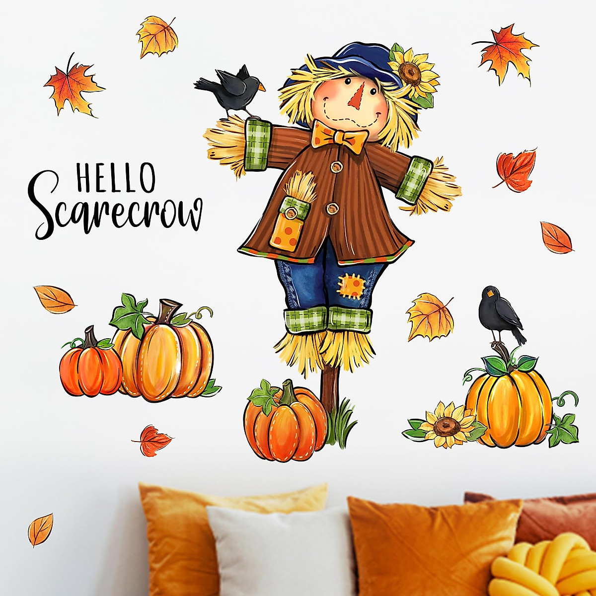 Mfault Fall Hello Scarecrow Wall Decals Stickers, Autumn Pumpkin Maple Leaves Farmhouse Decorations Bedroom Art, Thanksgiving Crow Sunflower Seasonal Home Kitchen Decor