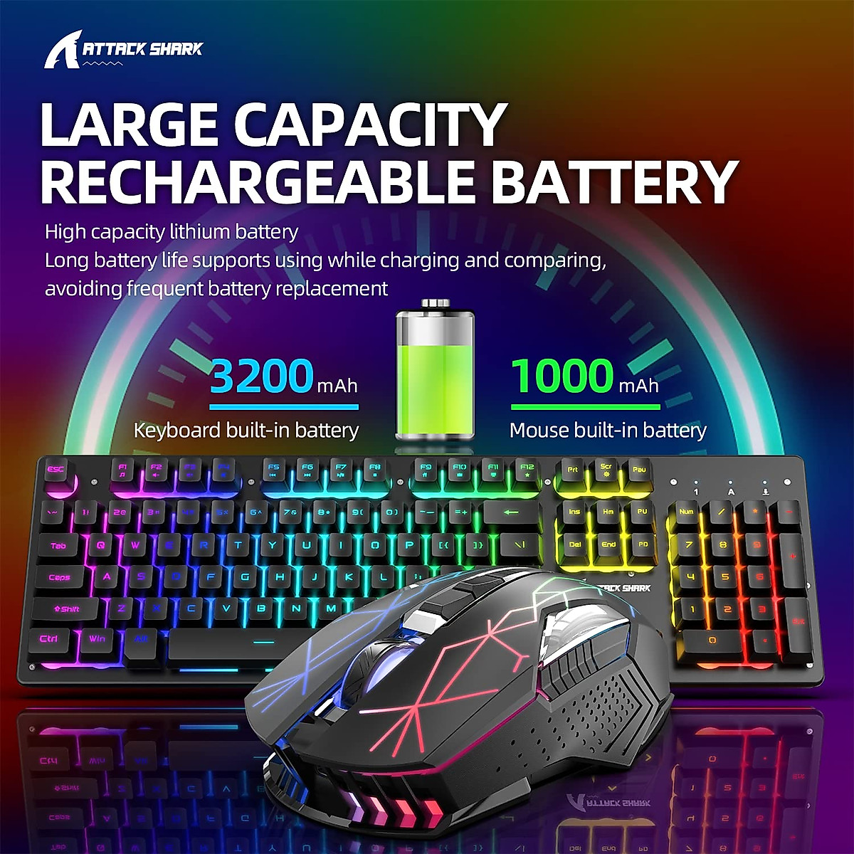 A.jAZZ Wireless Gaming Keyboard and Mouse Combo,Full Size 12 RGB Chroma Backlit Keyboard,Rechargeable 4200mAh Mechanical Feel USB/Type-C Dual Receiver Silent Mice,for PC,Mac,Laptop,PS4,Xbox,Black