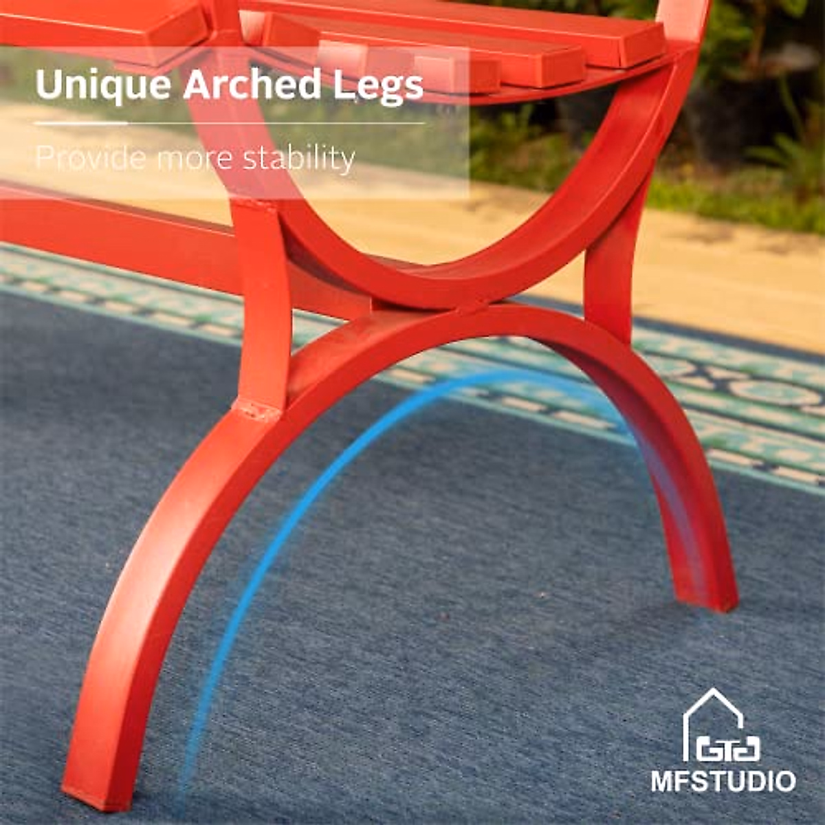 MFSTUDIO Outdoor Garden Patio Bench,Iron Metal Steel Frame Park Single Bench with Backrest and Armrest for Lawn,Porch,Backyard,Balcony-Red