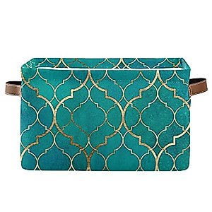 susiyo Vintage Moroccan Geometric Blue Gold Storage Bins, 14 x 10 inch Canvas Storage Basket for Shelves Closet Organizing - 1 Piece