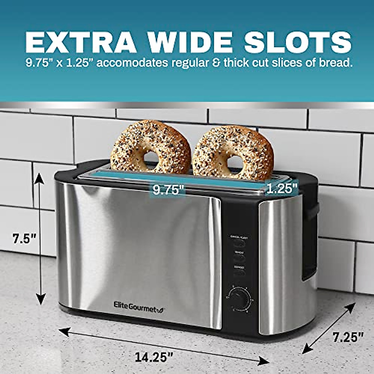Elite Gourmet ECT-3100# Long Slot 4 Slice Toaster, Reheat, 6 Toast Settings, Defrost, Cancel Functions, Built-in Warming Rack, Extra Wide Slots for Bagels Waffles, Stainless Steel & Black