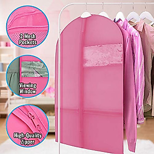 Plixio 36" Kids Garment Bags for Dance Costumes, Childrens Hanging Clothes, Uniform, Suits, Girls Dress Recital Outfit Organizer - Dance Garment Bags For Dancers with Zippered Pockets (3 Pack : 36", Pink)