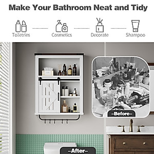 Vagaconl Bathroom Wall Cabinet, Farmhouse Medicine Cabinet Bathroom Cabinet Wall Mount with Barn Door Adjustable Shelves Towel Bar Hooks, for Laundry Bathroom Kitchen(Brown & Vintage White)