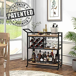 FATORRI Bar Cart for The Home, Industrial Rolling Wine Cart and Liquor Serving Carts on Wheels, Rustic Beverage Cart and Drink Trolley with Wine Rack and Glasses Holder (Rustic Oak)