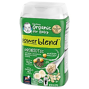 Gerber Organic for Baby Power Blend Probiotic Cereal, Oatmeal Chickpea Banana & Chia Cereal, Organic & Non-GMO Baby Cereal, 8-Ounce Canister (Pack of 3)