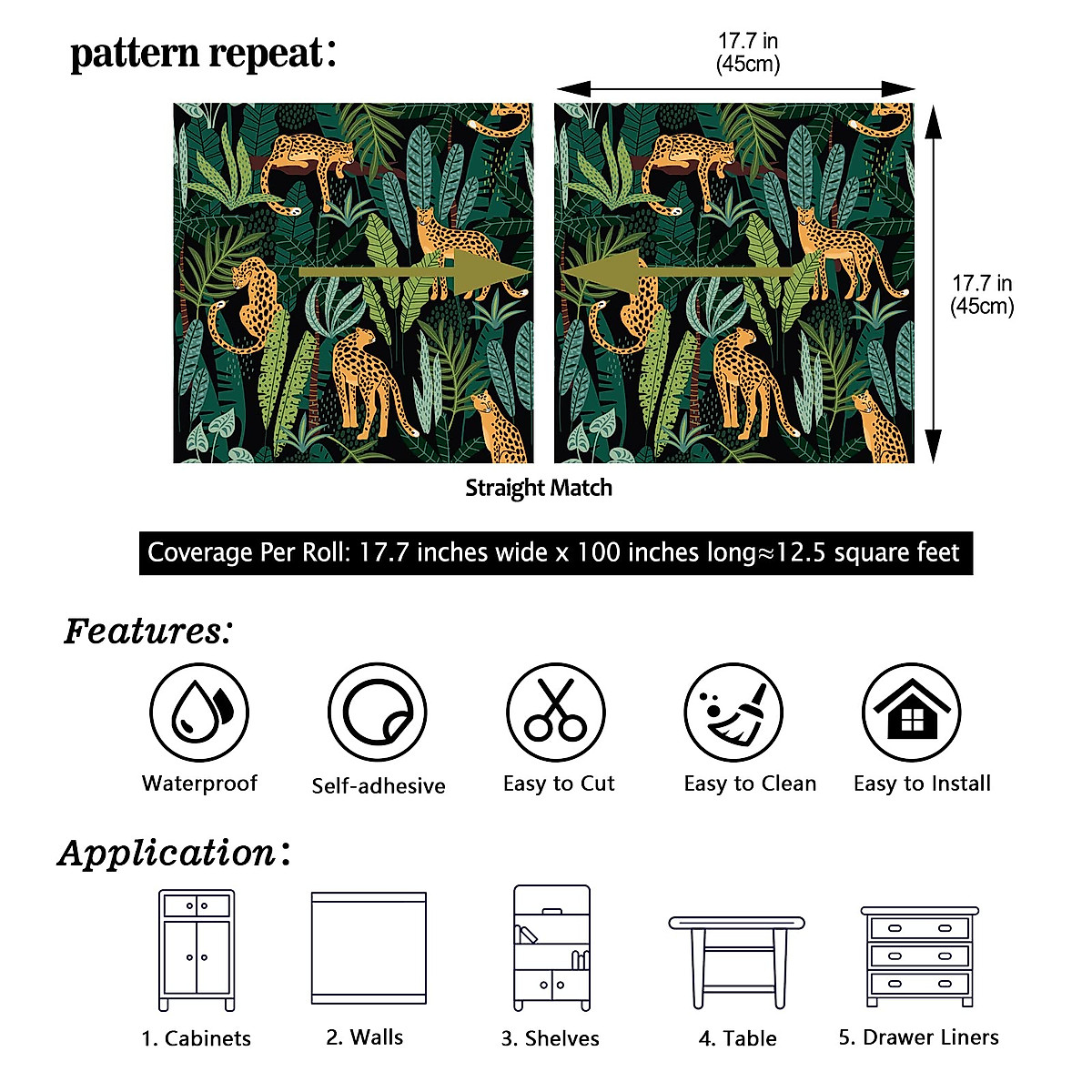 CHIHUT Leopard King Peel and Stick Wallpaper Self Adhesive Removable Jungle Animal Wallpaper Tropical Green Leaf Contact Paper Waterproof Wall Paper Decorative Vinyl Roll for Walls Cabinets 17.7”x100”