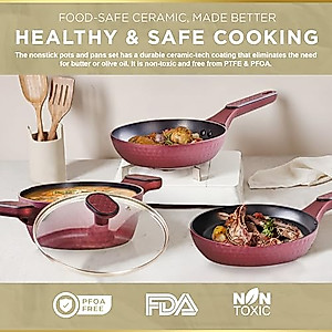 Moss & Stone Nonstick Induction Cookware Set, 4Pcs Aluminum Small Pots and Pans Set with Glass Lid, Burgundy Diamond Non Stick Casserole Pot & Fry Pan Set, Cooking Pots Are Pfte/Pfoa/Pfos Free
