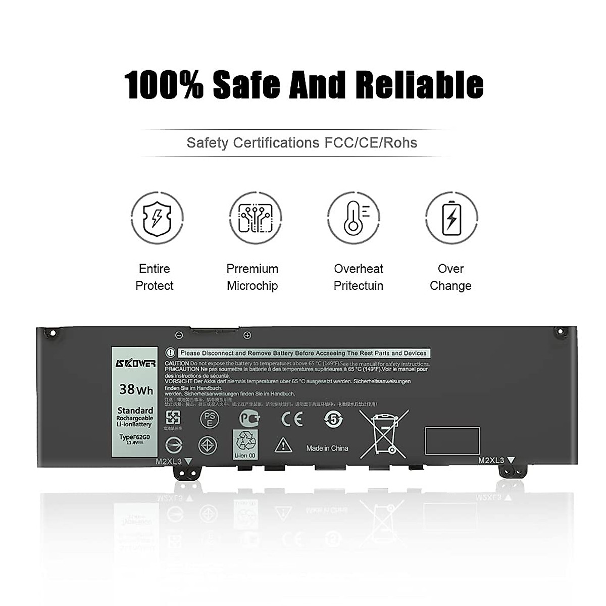 SKOWER 38Wh F62G0 F62GO 0F62G0 Laptop Battery for Dell Inspiron 13 7000 i7373 7373 7386 2-in-1 5370 7370 7380 P83G P87G P91G P83G001 P83G002 P87G001 Vostro 13 5370 Replacement CHA01 RPJC3 39DY5 11.4V