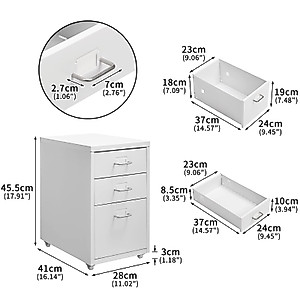 HollyHOME 3-Drawer Mobile Classification Storage Cabinet, Under Desk for A4 Mini File Cabinet, Mobile file Cabinet with Wheels for Home and Office, White