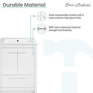 Swiss Madison Virage 24" Freestanding, Bathroom Glossy White Bath Vanity