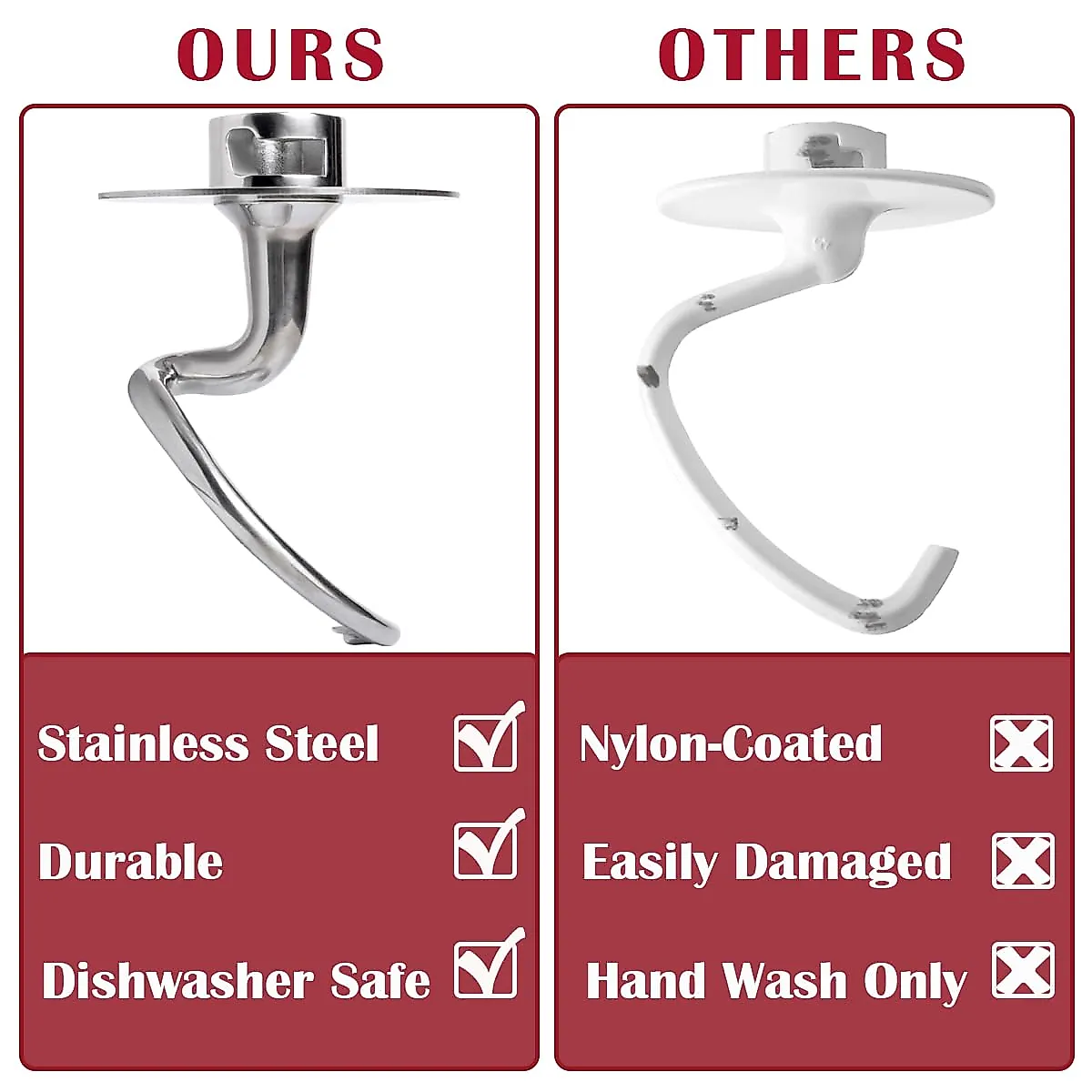 EGNic Stainless Steel Dough Hook Attachment for Kitchenaid 4.5-5 Quart Tilt-Head Stand Mixer, Spiral Dough Hook Replacement for Kitchenaid Mixers Accessories