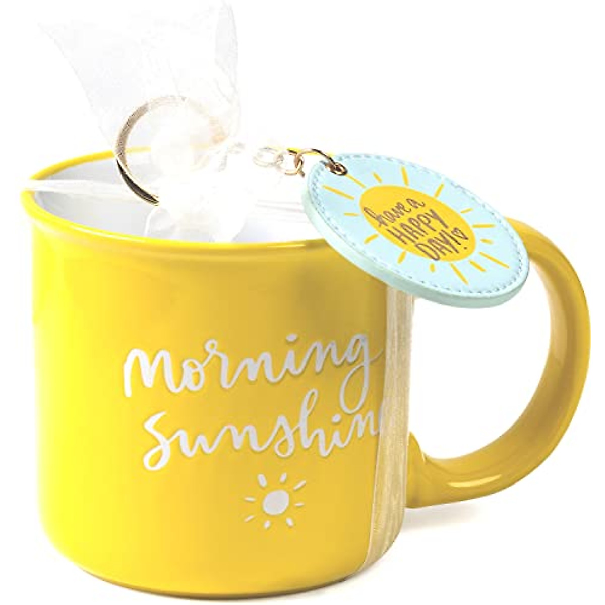 Eccolo Ceramic Coffee Mug and Keychain Charm, Large Tea Mug, Dishwasher/Microwave Safe - “Morning Sunshine”, Keychain and Stoneware Coffee Mug Set by Dayna Lee (Yellow, 19.6 oz)