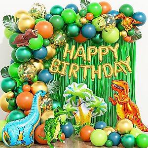 Dinosaur Birthday Party Decorations, 126Pcs Dinosaur Green Blue Orange Balloons Garland Arch Kit Happy Birthday Dino Foil Balloons Curtain for Boys Kids Jungle Safari Dino Themed Party Baby Shower