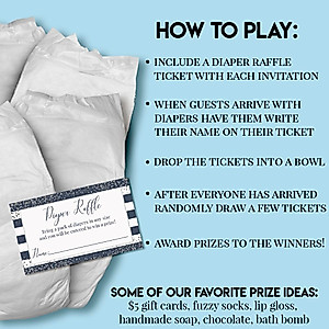 Beautiful Striped Navy & Silver Diaper Raffle Tickets for Boy Baby Showers, 20 2" X 3” Double Sided Insert Cards for Games by AmandaCreation, Bring a Pack of Diapers to Win Favors & Prizes!