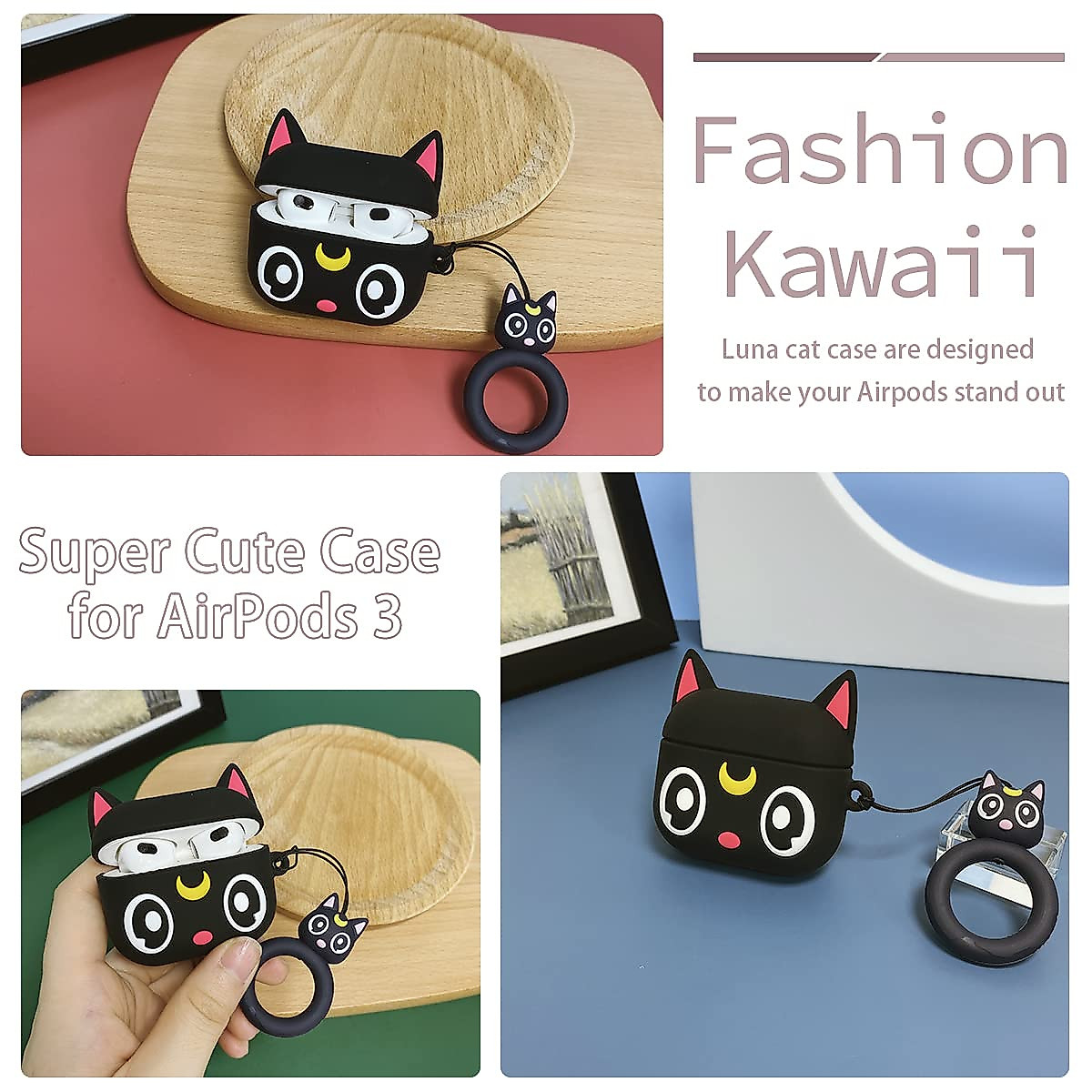 Cute Black Sailor Moon Airpods 3rd generation(2021) Case,7 in 1 Airpods 3 Silicone Accessories Protective Cover, Fashion Fun Cartoon Character Luna Cat Design Airpods 3 Skin for Girls Women Kids Teens