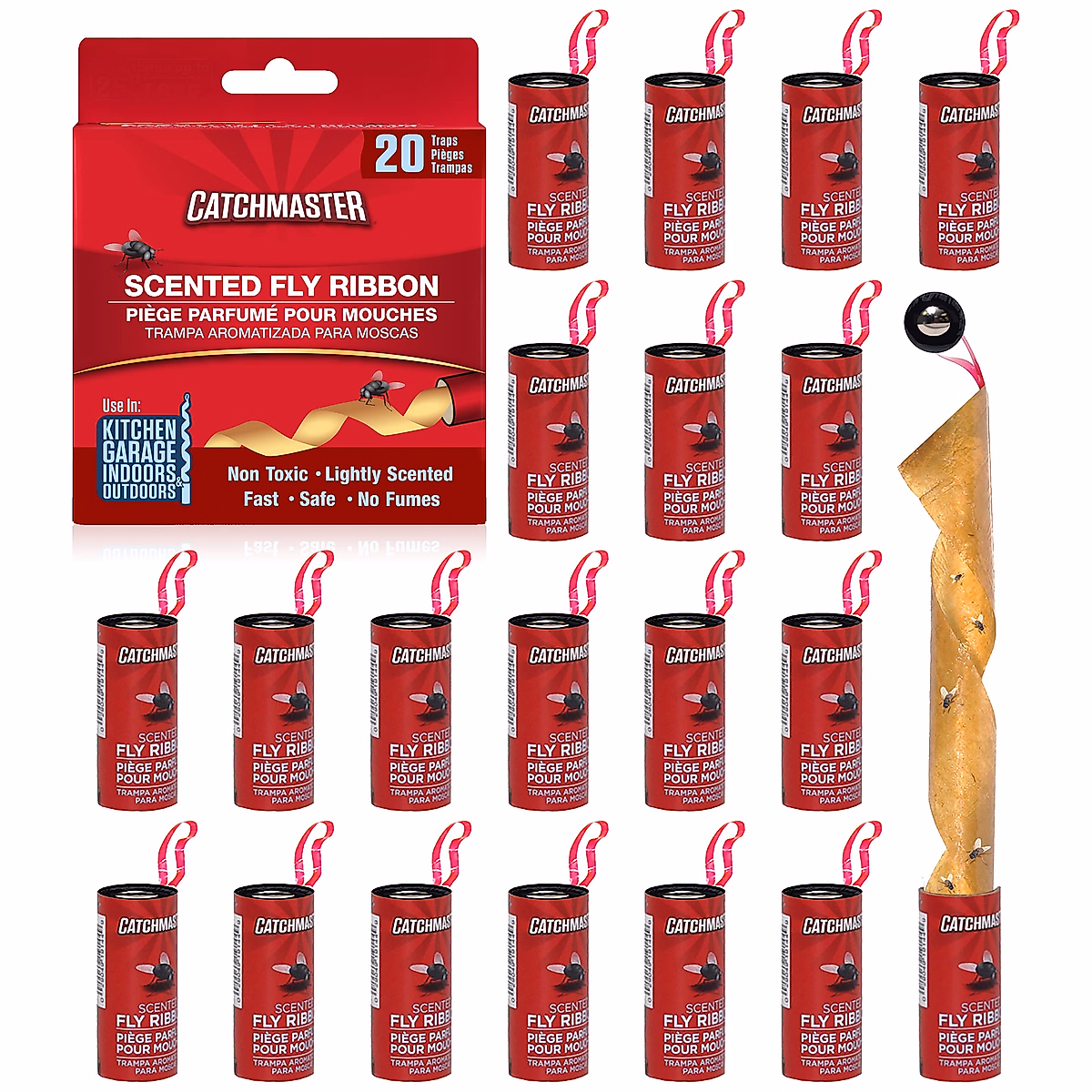 Catchmaster Fly Trap Bundle, Window Fly Traps 12-Pack & Fly Ribbon 20-Pack, Bug & Fly Traps for Indoors and Outdoors, for Garage, Backyard, Pool, & Patio