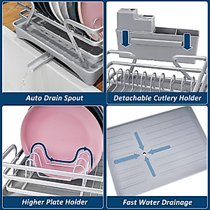 HIPPIH Dish Racks for Kitchen Counter, Dish Drying Rack with Drainboard Aluminum Compact Rustproof Dish Drainer with Adjustable Swivel Spout and Removable Utensil Racks