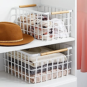 mDesign Metal Wire Closet Storage Basket Bin Organizer with Wood Handles for Bedroom, Bathroom, Mudroom, Entryway, Hallway, or Linen Closet Organization - Yami Collection - 4 Pack, Matte White/Natural