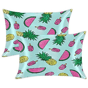 Pineapple Watermelon Popsicle Satin Pillow Cases Silk Satin Pillowcase for Hair and Skin Standard Set of 2 Super Soft Silk Pillowcase with Envelope Closure (20x26 in)