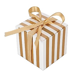 Restokki 50Pcs Mini Gift Boxes 2.2in Squared Gold Stripes Easy Assembly Gift Wrapping Box with Ribbons for Party Wedding Birthday Christmas Party