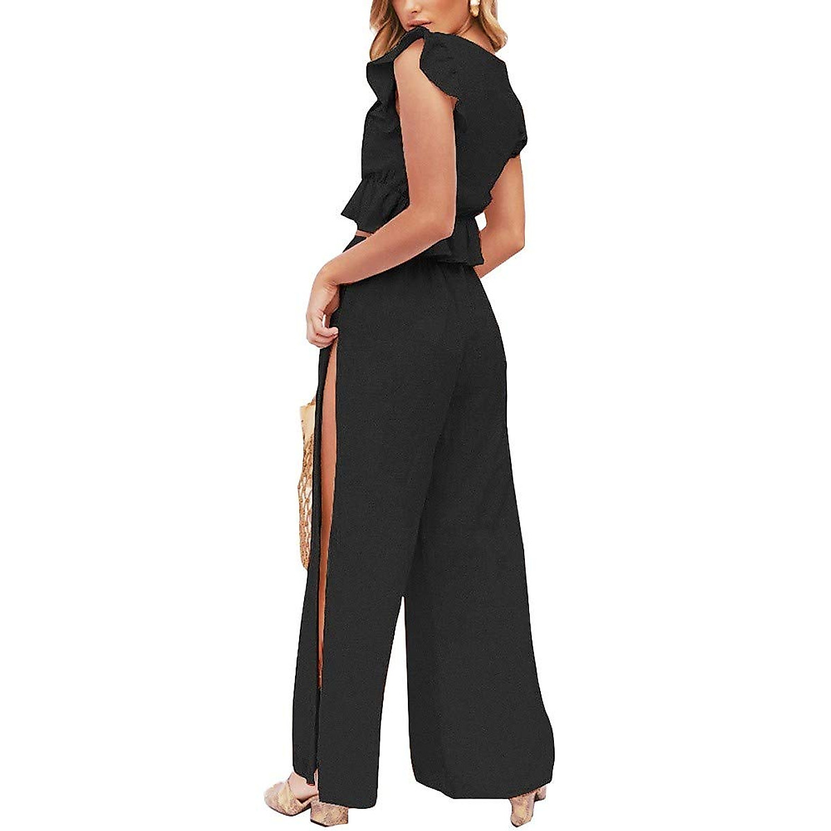 FANCYINN 2 Pieces Black Beach Jumpsuits Outfits for Women Deep V Neck Crop Top Side Slit Drawstring Wide Leg Pants Set Halloween Black Witch M