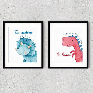 Inspirational Be Kind Be Yourself Be Curious Be Brave Wall Art Decor, Dinosaur Wall Decor for Nursery Bedroom Home, Dinosaur Poster Be Kind Be Brave Decorations for Nursery Room Living Room Home Set of 4 (8”X10”) Unframed