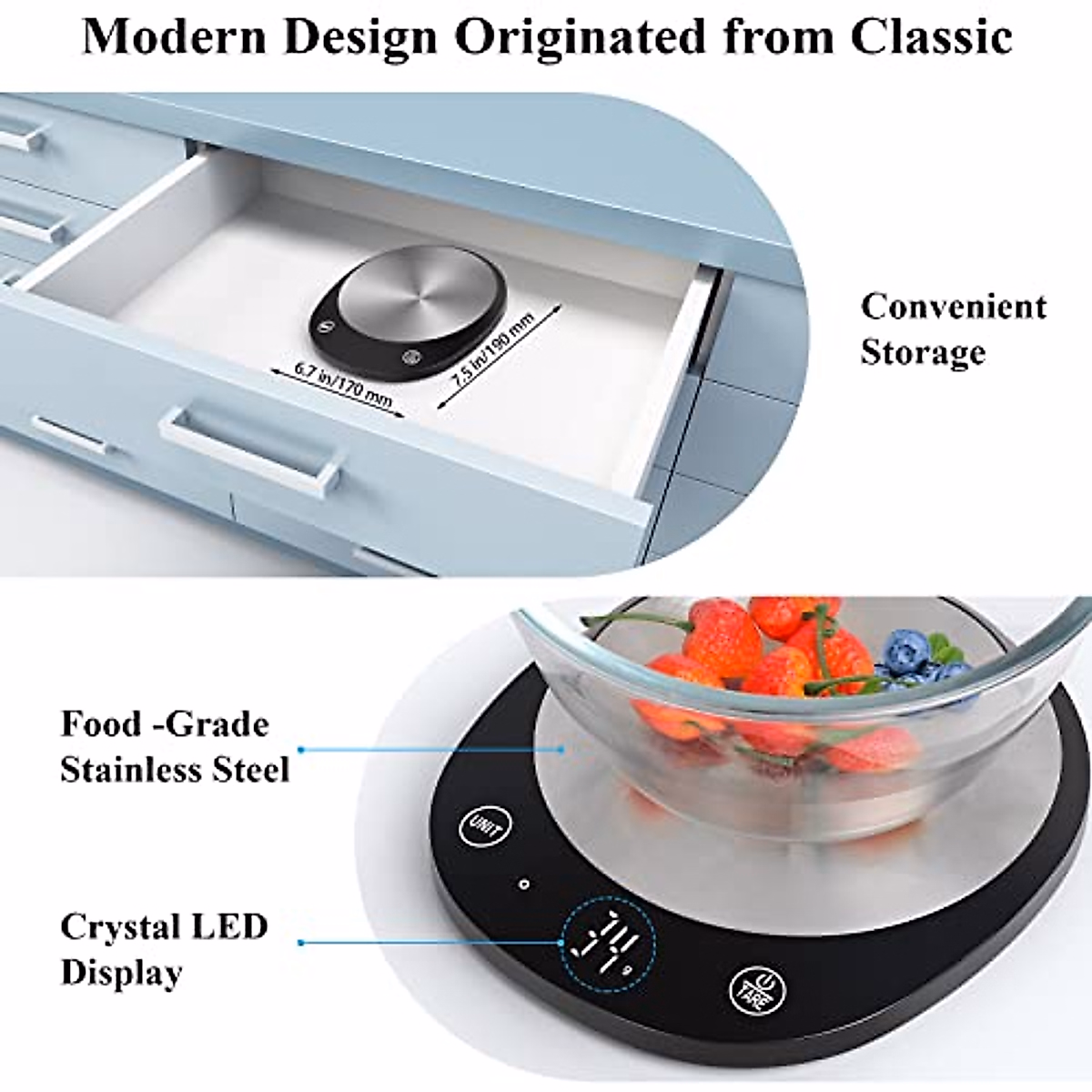 Homebuds 22lb/10kg Digital Kitchen Food Scale, Weighing Professional Since 2001, Grams and Ounces by Precision 1g/0.1oz, Weight Loss, Baking and Cooking, LED Display, 3*AAA Batteries Included, Black