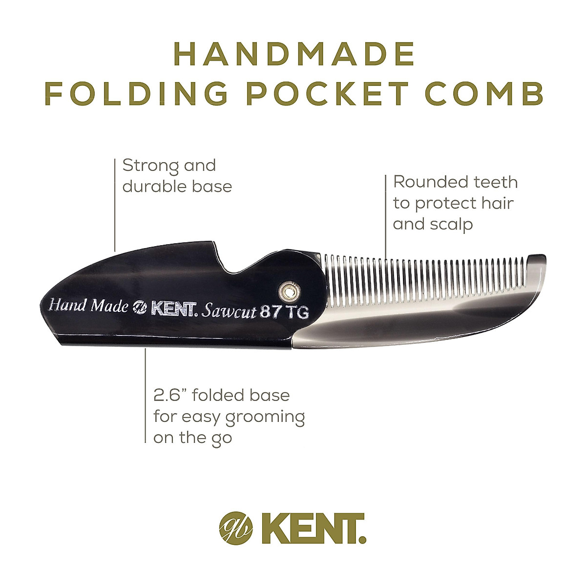Kent 87T Graphite Handmade Folding Pocket Comb for Men, Fine Tooth Hair Comb Straightener for Everyday Grooming Styling Hair, Beard or Mustache, Saw Cut Hand Polished, Made in England