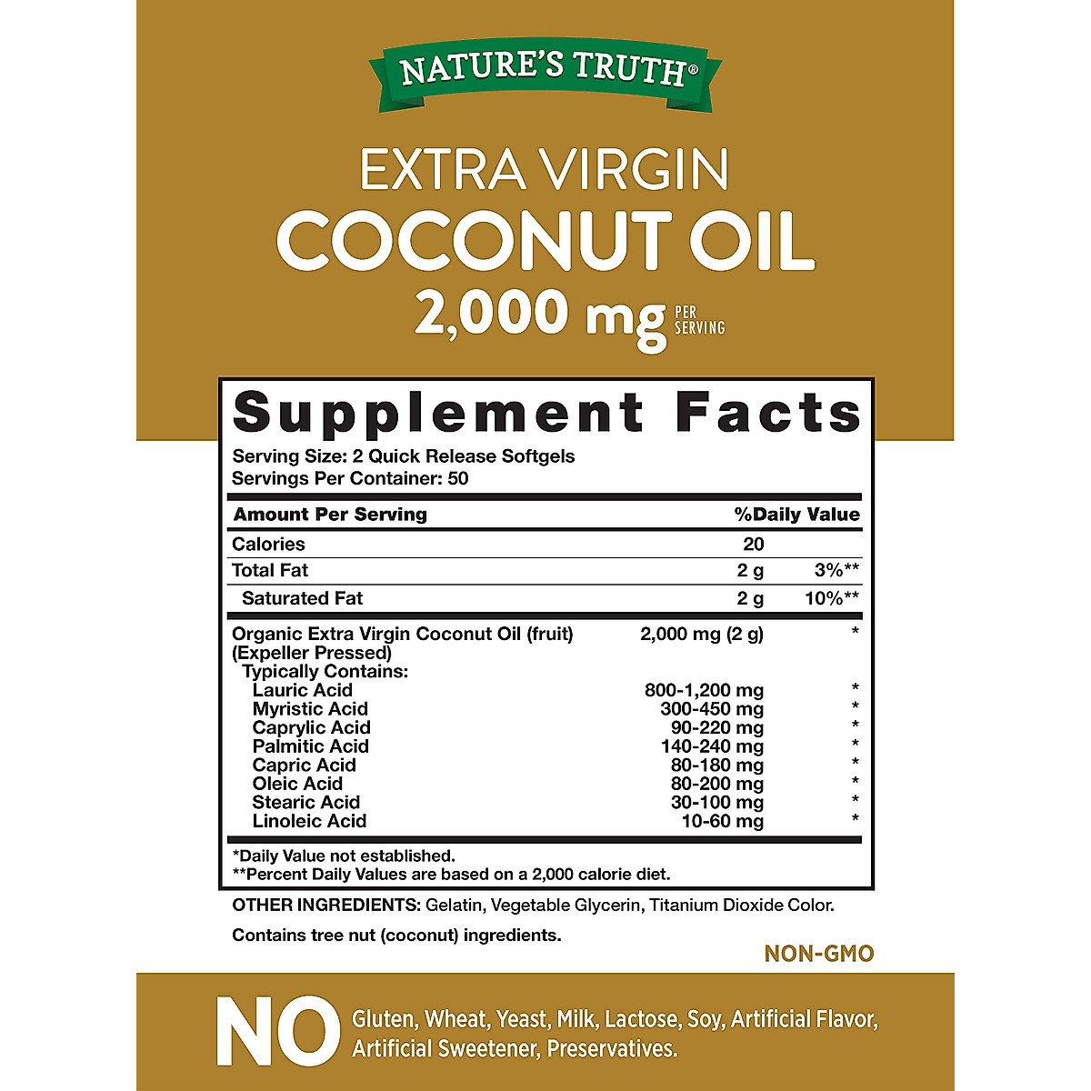 Nature's Truth Coconut Oil Capsules | 100 Softgels | Naturally Occuring MCTs | Non-GMO & Gluten Free