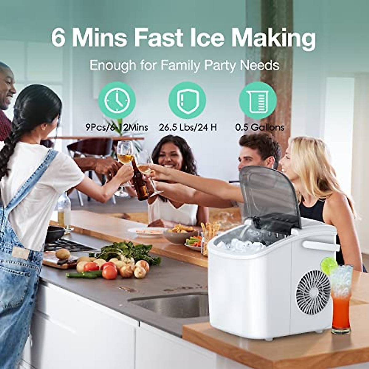 Ice Maker Countertop, Fast Ice Making in 6 Mins 9 Bullet-Shaped Ice, 26.5lbs/24Hrs, Portable Ice Maker Machine with Self-Cleaning, Ice Scoop, Ice Bags and Basket, for Home/Kitchen/Office/Bar/Party