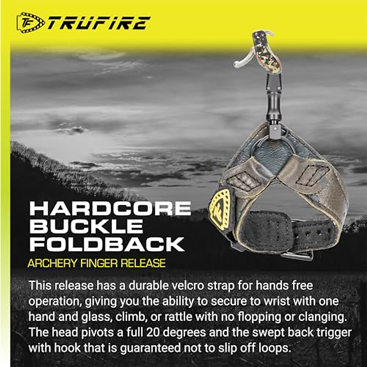 Tru-Fire Hardcore Buckle Foldback Adjustable Archery Compound Bow Release - Camo Wrist Strap with Foldback Design