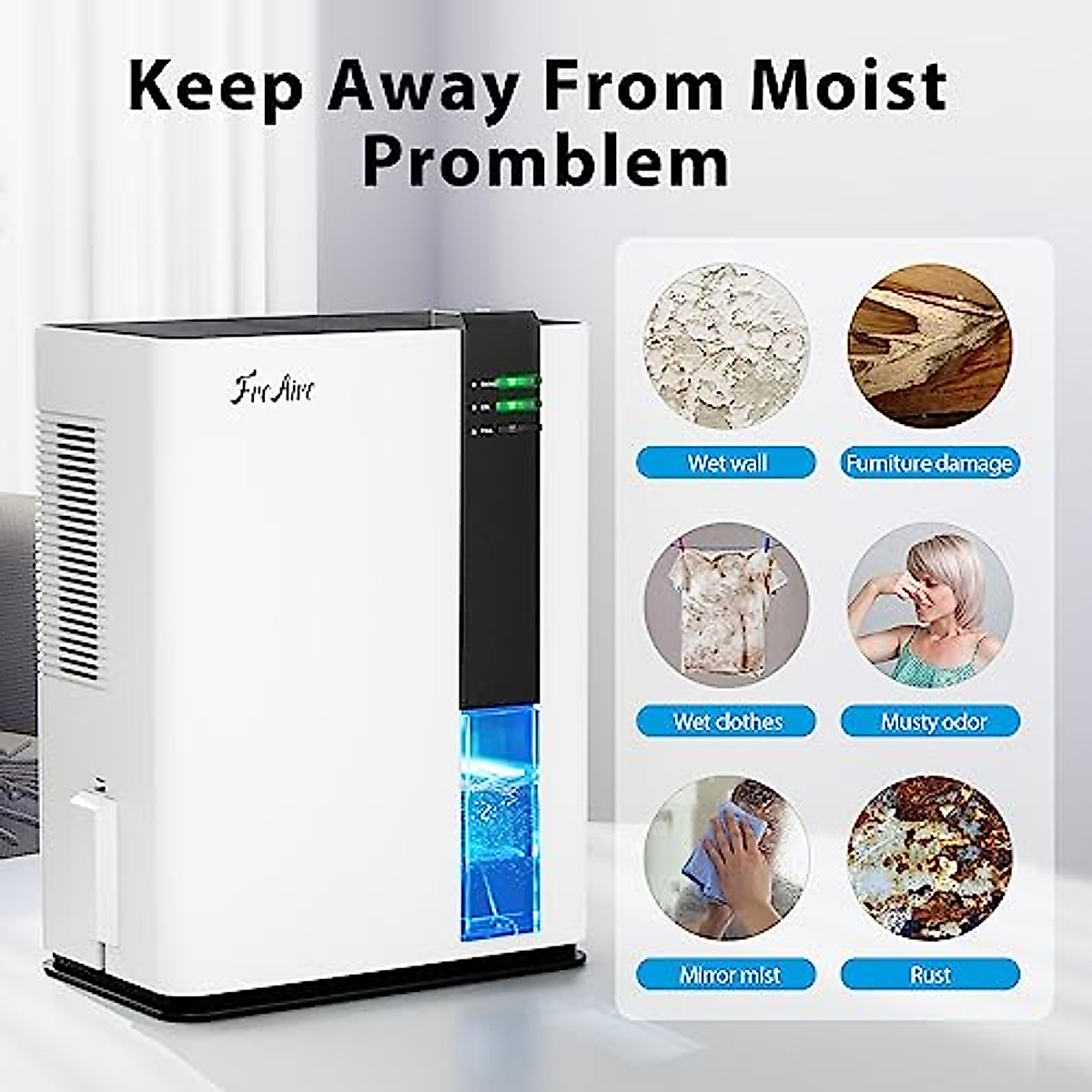 FreAire Dehumidifier for Home Room, 88 OZ Water Tank, (up to 650 sq.ft) Dehumidifiers for Basement Bathroom Bedroom Closet RV with Auto Shut Off, Colorful Lights