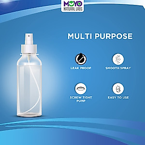 MoYo Natural Labs 4 oz Spray Bottles Fine Mist Empty Travel Containers, BPA Free HDPE Plastic for Essential Oils and Liquids/Cosmetics (Neck 20-410) (Pack of 12, Translucent HDPE Bottle White Spray)
