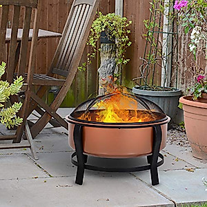 Outsunny 30 Inch Outdoor Fire Pits, Copper-Colored Round Basin Camping Fire Pit, Wood Burning Firepit Bowl with Ornate Black Base, Log Grate, Wood Poker, & Mesh Screen for Embers