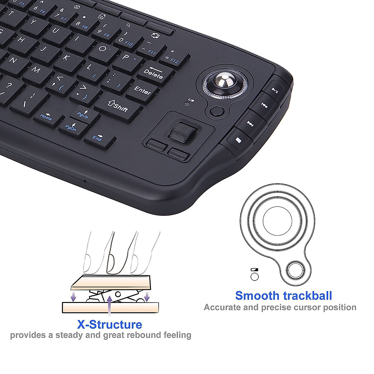 Fonicer Multimedia 2.4Ghz Wireless Mini Keyboard with Trackball Mouse Scroll Wheel for PCMacAndroid Tv Box, Remote Controller,X Structure, Black