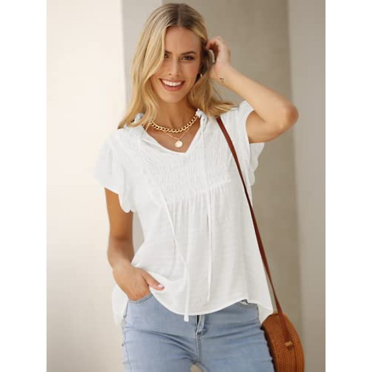 DEEP SELF Womens White Smocked Tunic Tops Dressy Casual Ruffle Short Sleeve Blouse Drawstring V Neck Shirts for Vacation Spring